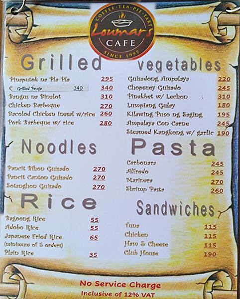 Menu at Loumars Cafe, Tagaytay