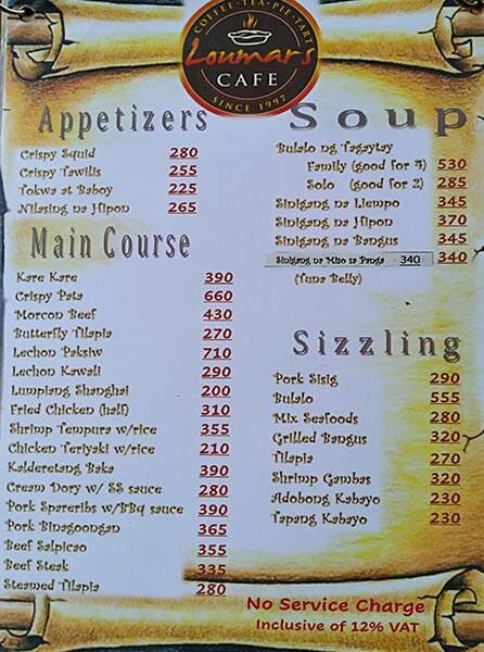 Menu at Loumars Cafe, Tagaytay