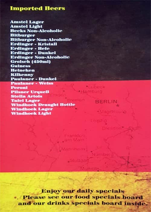 Menu at Die Kneipe German Pub, Johannesburg, 139 Queen St