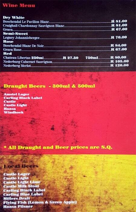 Menu at Die Kneipe German Pub, Johannesburg, 139 Queen St