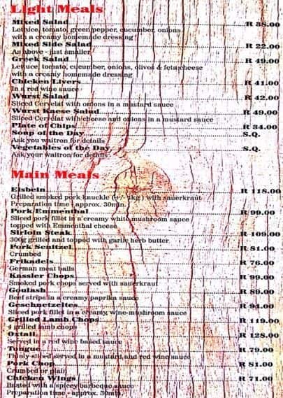 Menu at Die Kneipe German Pub, Johannesburg, 139 Queen St