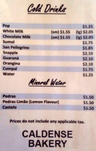 Carta de Caldense Bakery, Toronto, 1209 Dundas St W