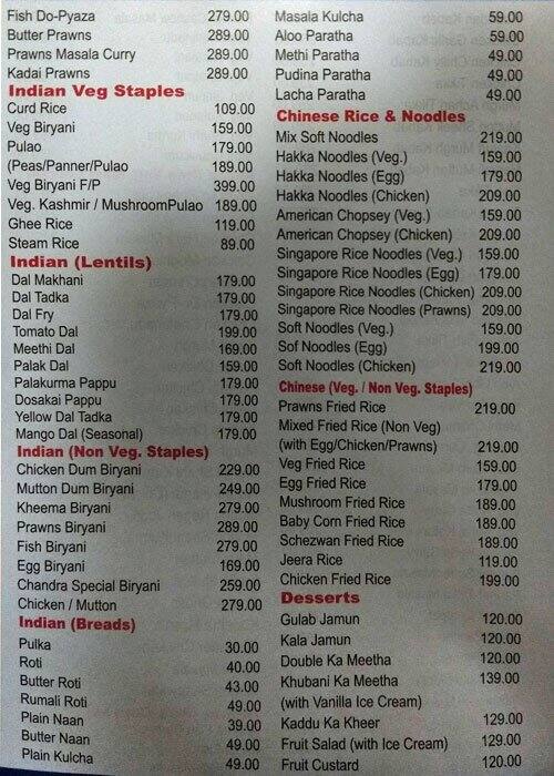 Menu at Chandra Grand, Secunderabad, 3rd & 4th Floor