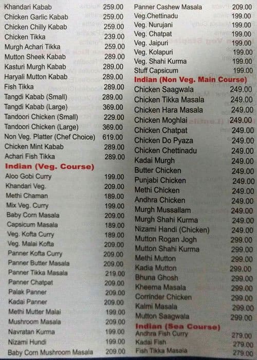 Menu at Chandra Grand, Secunderabad, 3rd & 4th Floor