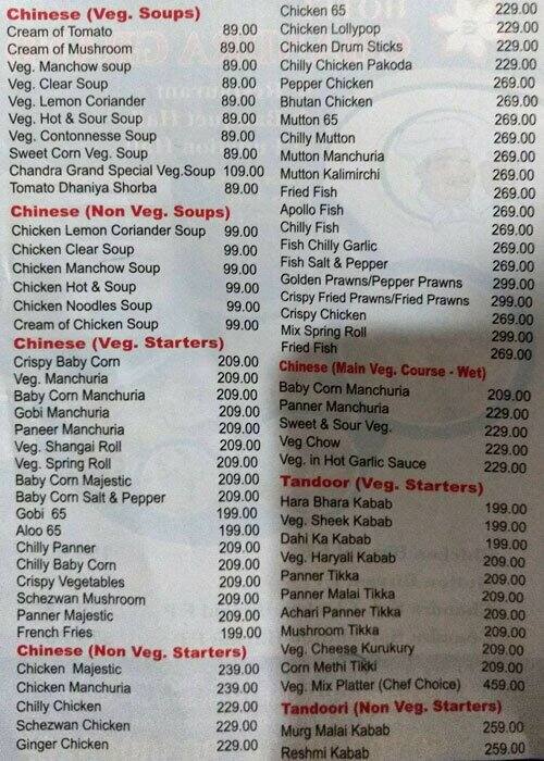 Menu at Chandra Grand, Secunderabad, 3rd & 4th Floor
