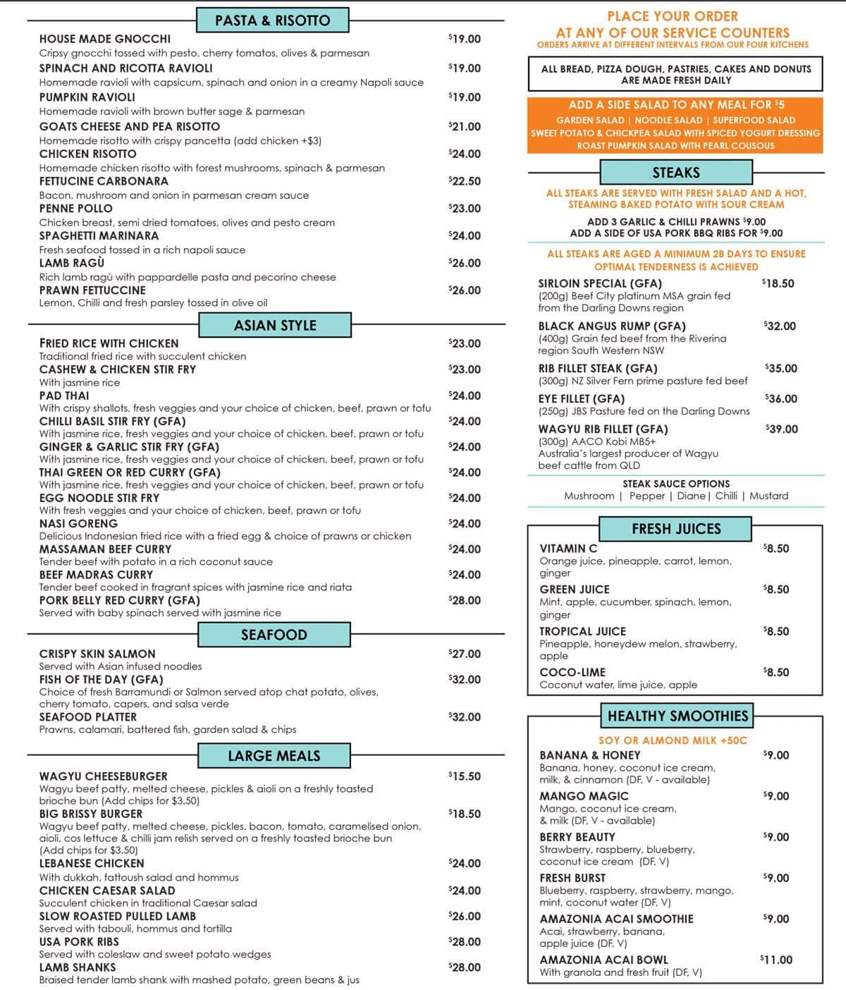Menu at Jo Jo’s steakhouse, Brisbane City, 130 Queen St