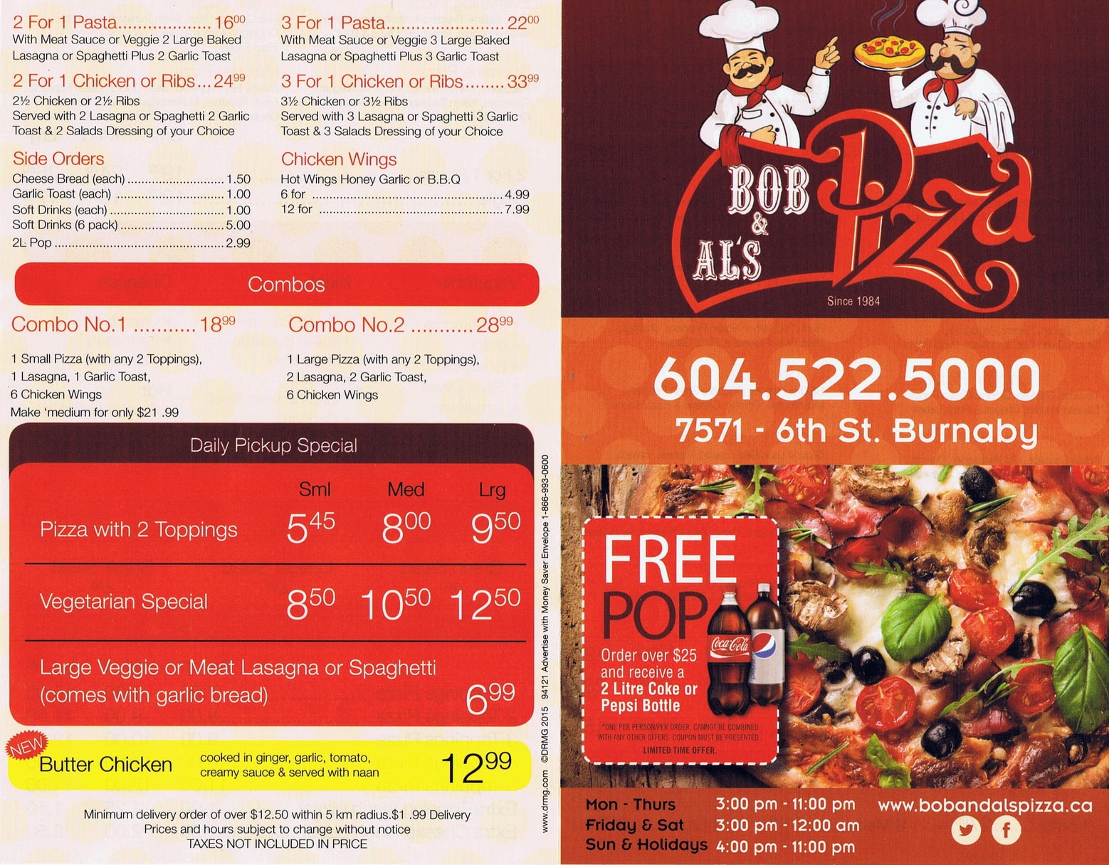 Menu at Bob & Al's Pizza pizzeria, Burnaby