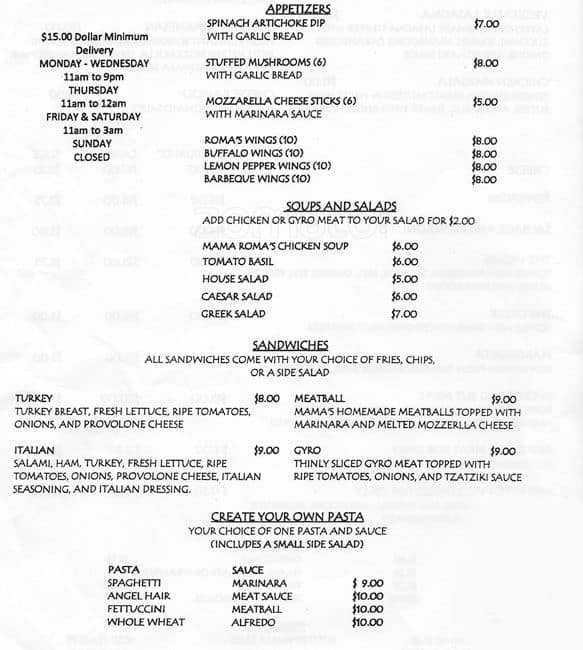 Menu at Roma's Pizza pizzeria, Houston, 233 Main St