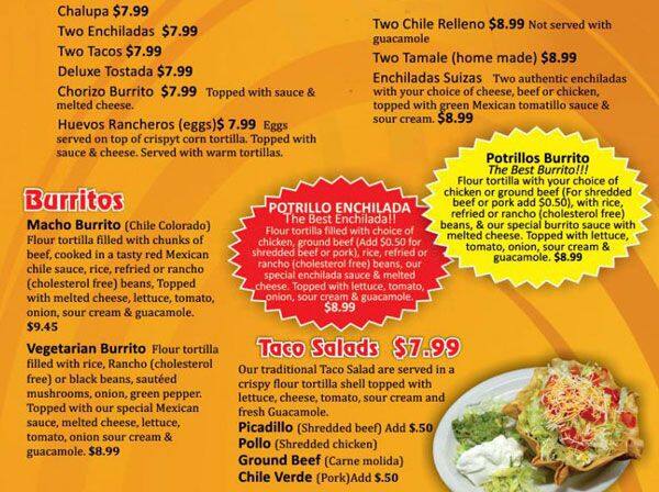 Menu at Los Potrillos Mexican Restaurant, Camas