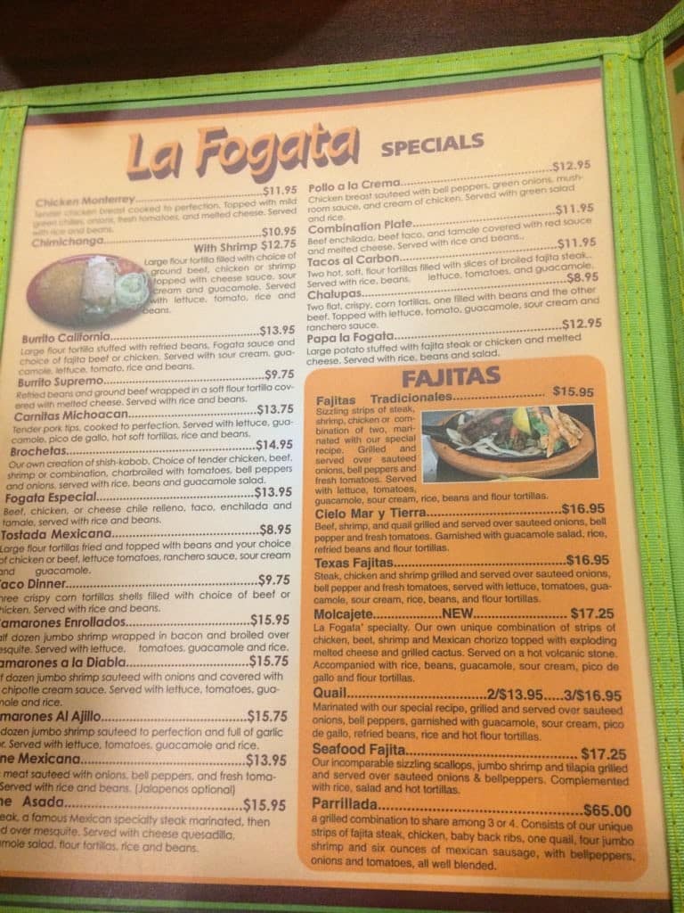 Menu at La Fogata restaurant, Arcadia, 594 Gap Farms Rd