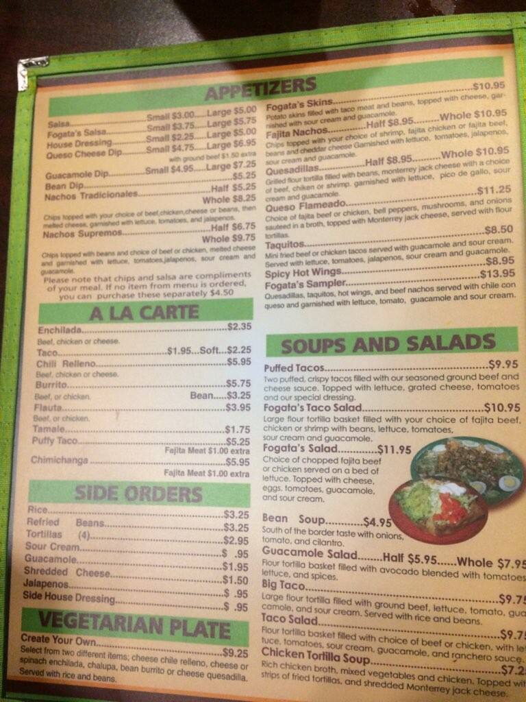 Menu at La Fogata restaurant, Arcadia, 594 Gap Farms Rd
