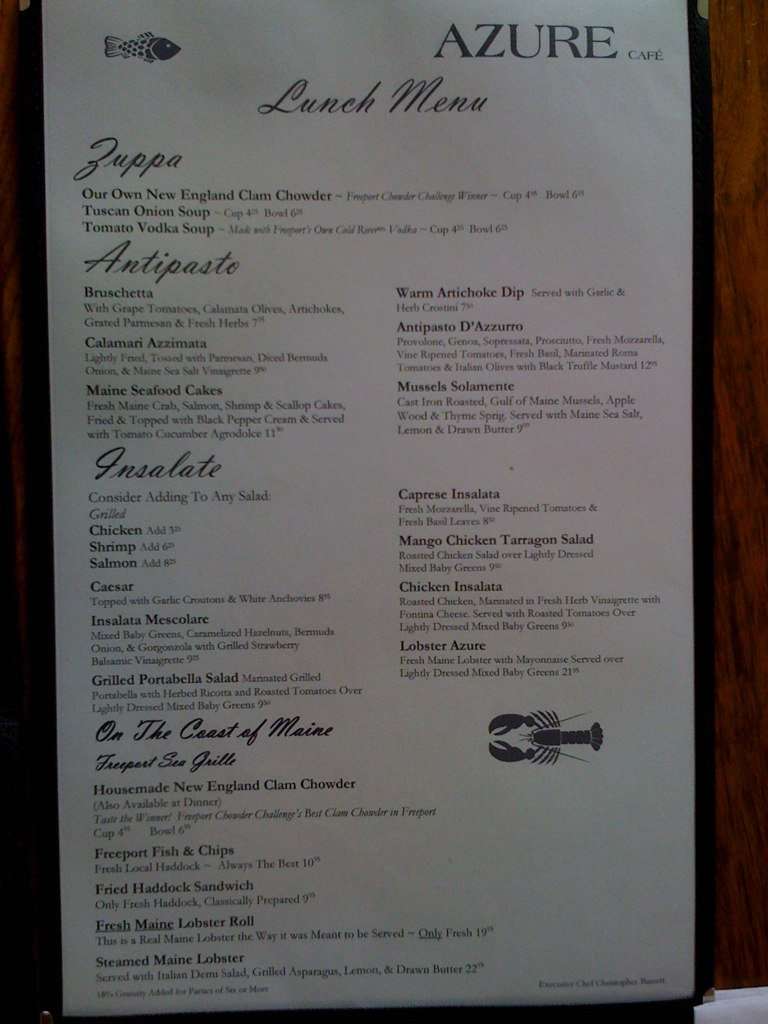Menu at Azure Cafe, Freeport