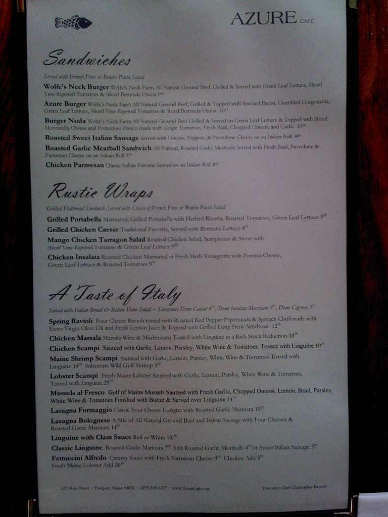 Menu at Azure Cafe, Freeport