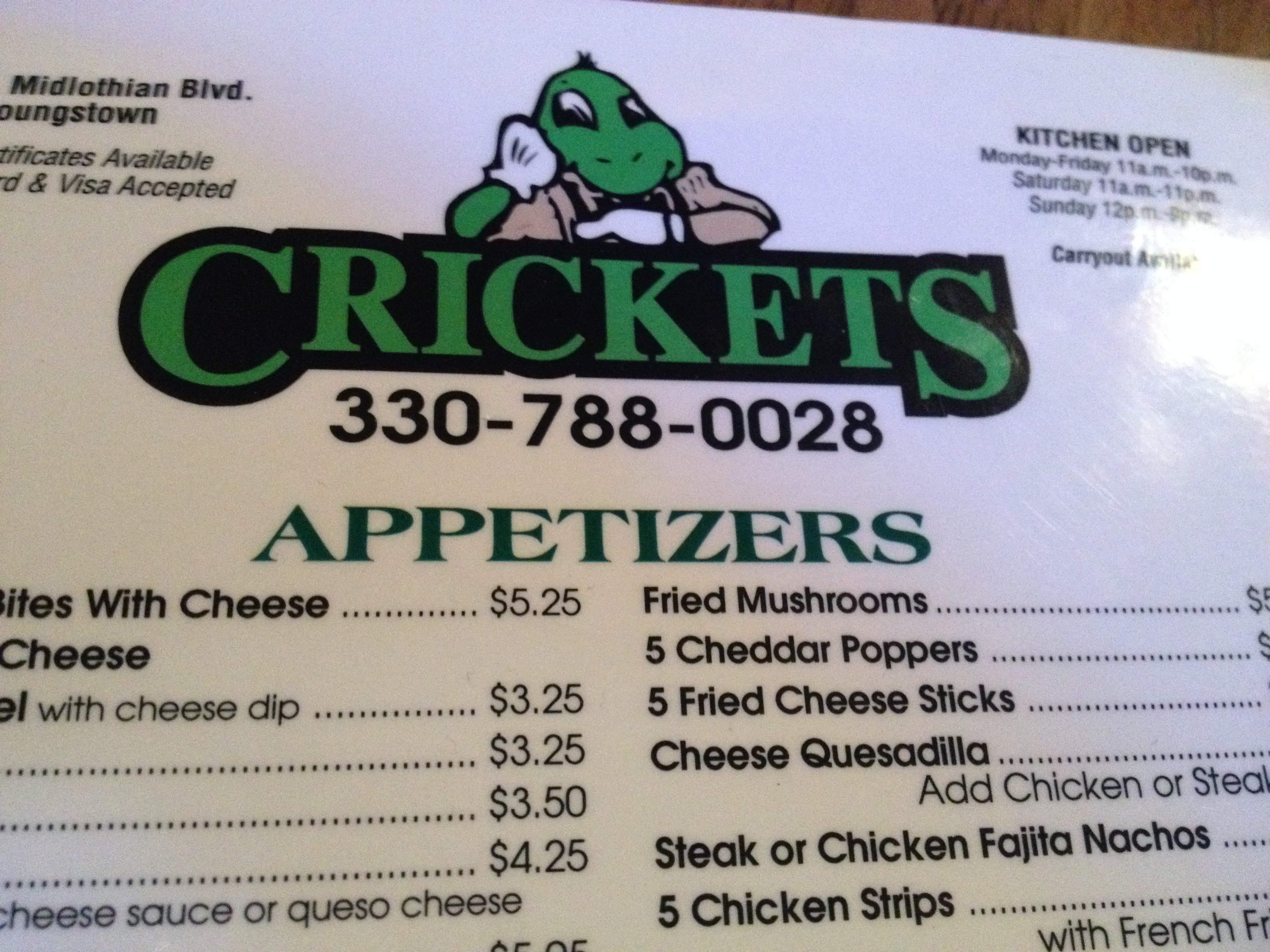 Menu at Cricket pub & bar, Youngstown