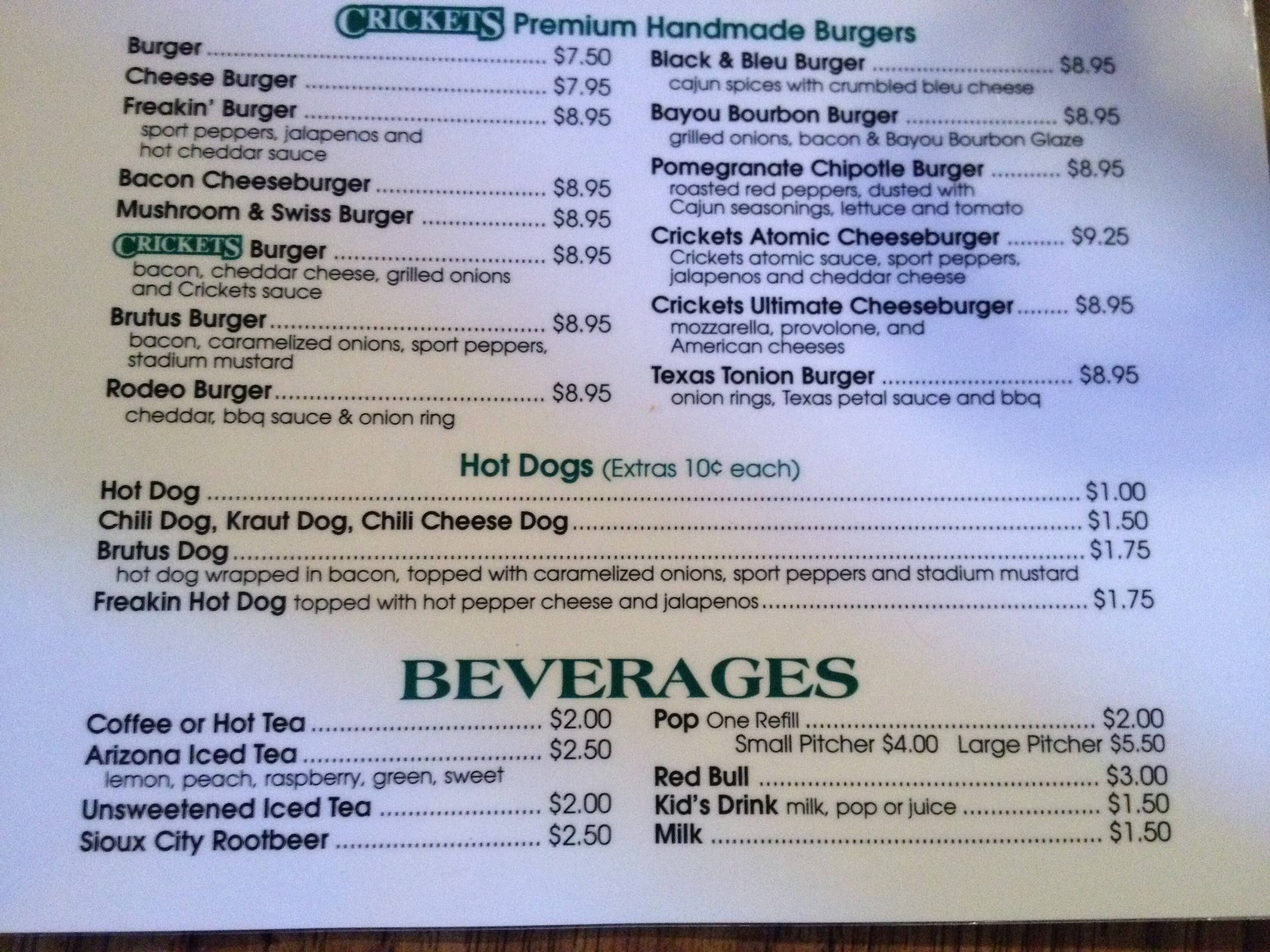 Menu at Cricket pub & bar, Youngstown