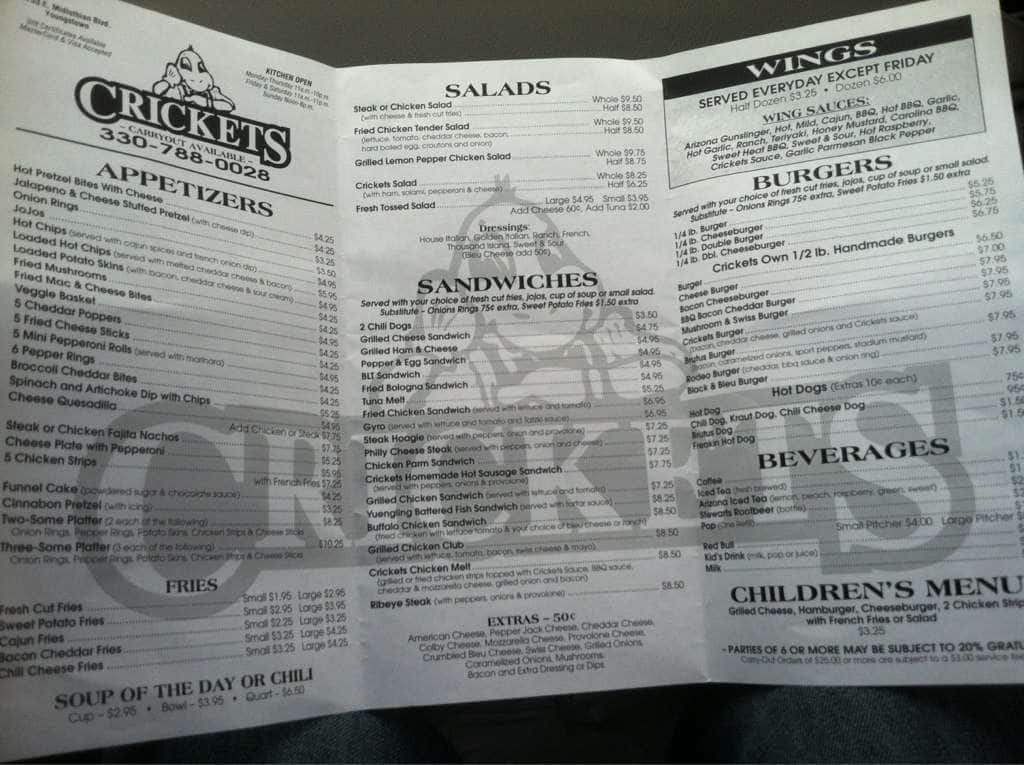 Menu at Cricket pub & bar, Youngstown