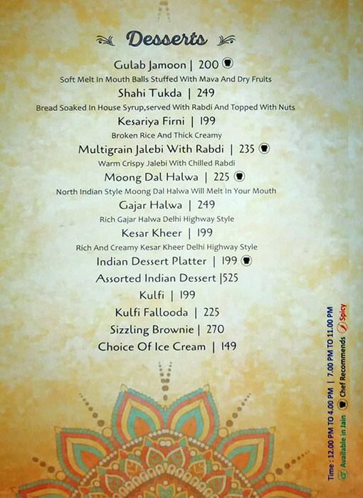 Menu of Delhi Highway, Indiranagar, Bangalore