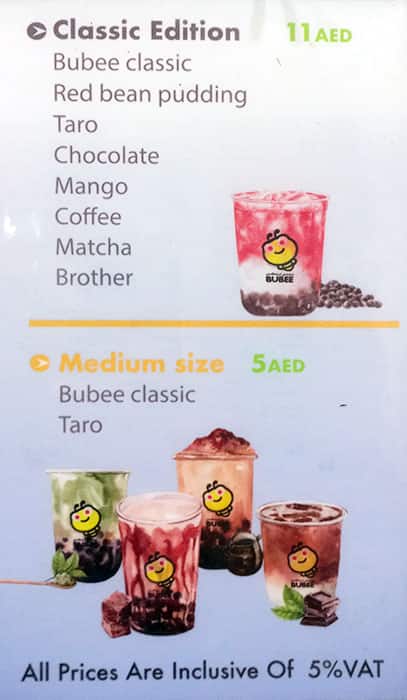 Menu at Bubee Drinks Cafe, Dubai, Razooki Building - Al NahdaAl