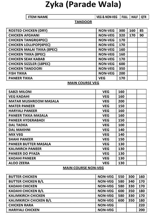 Menu of Zyka Restaurant - Parade Wala, Jajmau, Kanpur