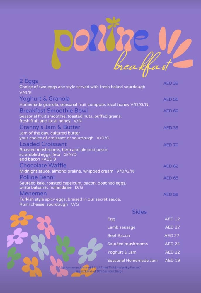 Menu of Polline, Umm Suqeim, Dubai