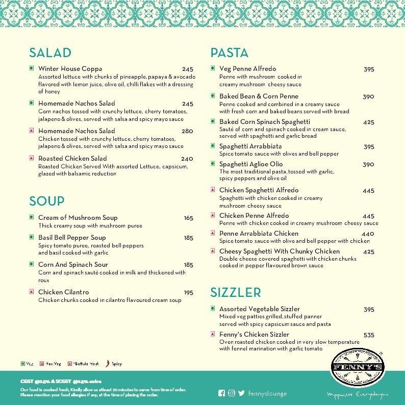 Menu of Fenny's Lounge And Kitchen, Koramangala 7th Block, Bangalore