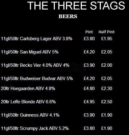 Menu at The Three Stags pub & bar, London, 67-69 Kennington Rd