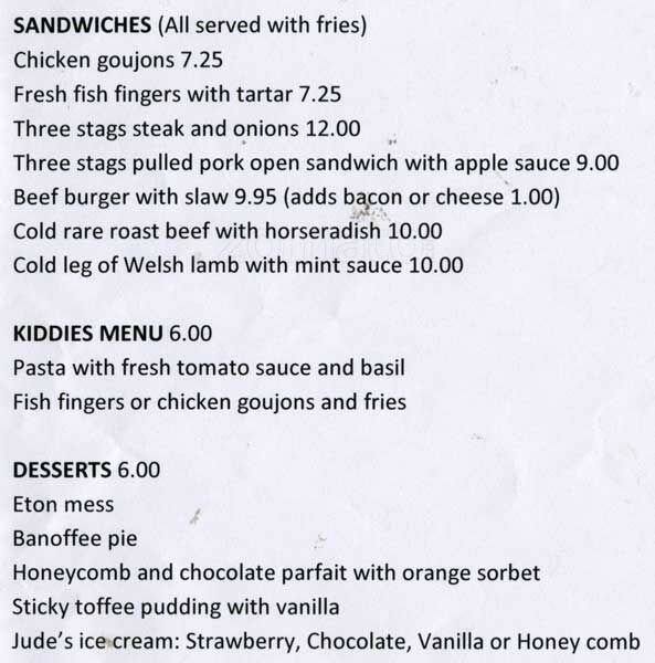 Menu at The Three Stags pub & bar, London, 67-69 Kennington Rd