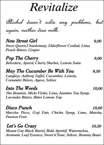 Menu at Old Bengal Bar, London