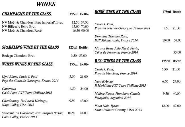 Menu at Old Bengal Bar, London