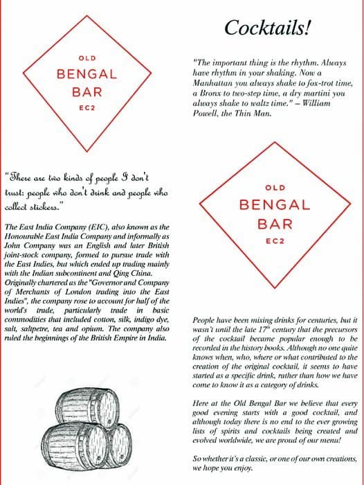 Menu at Old Bengal Bar, London