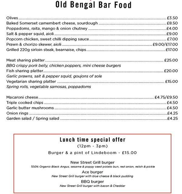 Menu at Old Bengal Bar, London