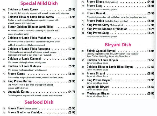 Menu at Shimla Pinks restaurant, London