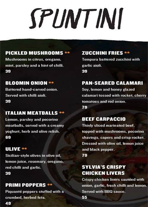 Menu au Primi Piatti Maponya Mall restaurant, Soweto