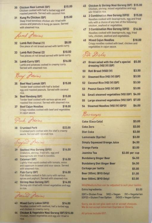 Menu at Satay Village restaurant, Wellington