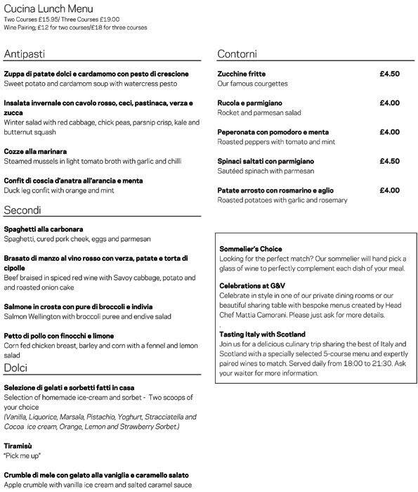 Menu at Cucina restaurant, Edinburgh