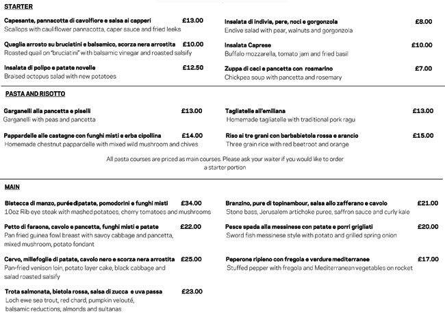 Menu at Cucina restaurant, Edinburgh