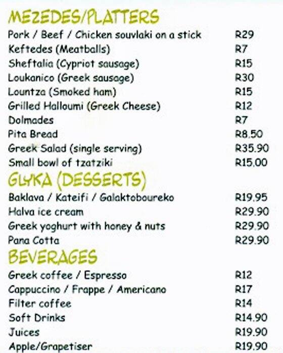 Menu at Taste Of Greece restaurant, Pretoria, 11 Hazelwood Rd