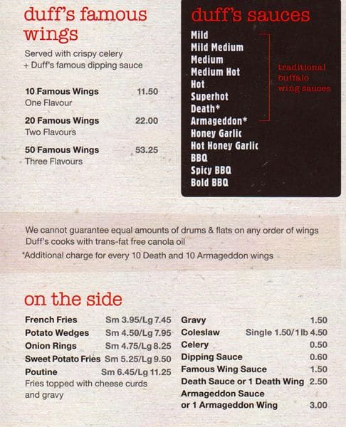 Menu at Duff's Famous Wings restaurant, Toronto, 558 College St