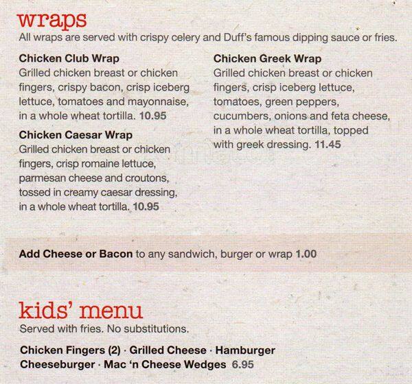 Menu at Duff's Famous Wings restaurant, Toronto, 558 College St