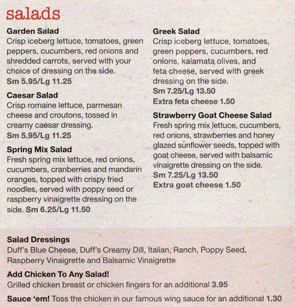 Menu at Duff's Famous Wings restaurant, Toronto, 558 College St