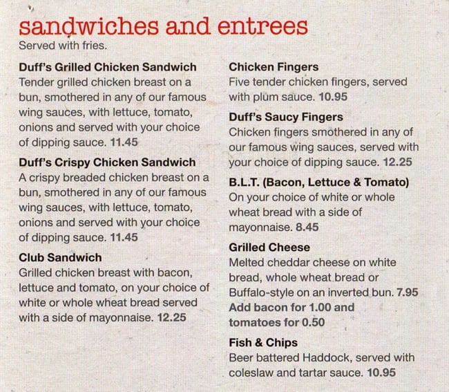 Menu at Duff's Famous Wings restaurant, Toronto, 558 College St