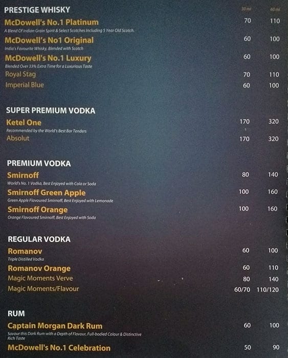 Menu at Royal Stage Bar, Jaipur