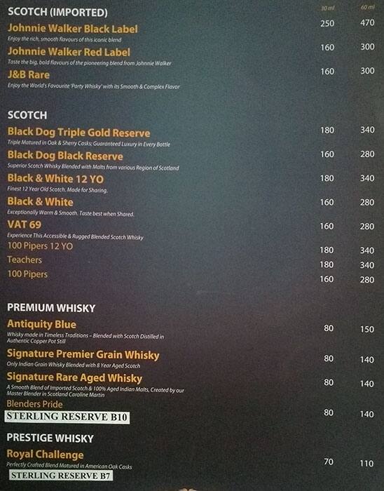 Menu at Royal Stage Bar, Jaipur