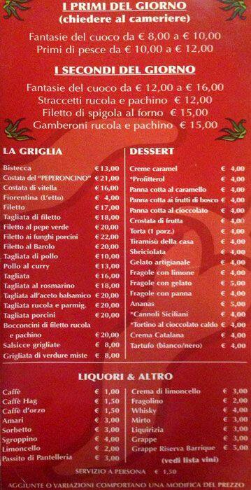 Menu at Al Peperoncino pizzeria, Rome, Via Ostiense