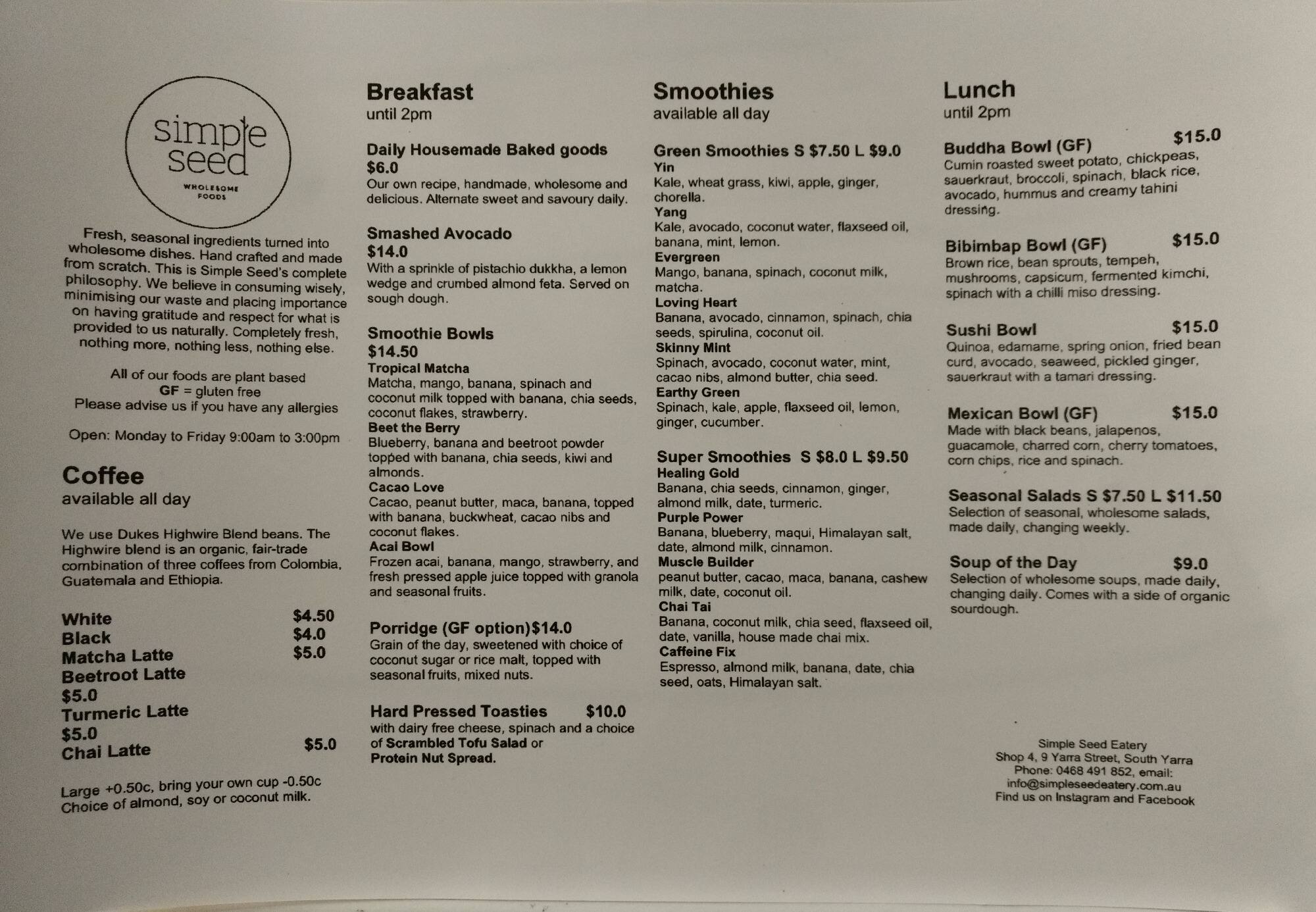 Menu at Simple Seed Eatery restaurant, South Yarra, Unit 4/9 Yarra St