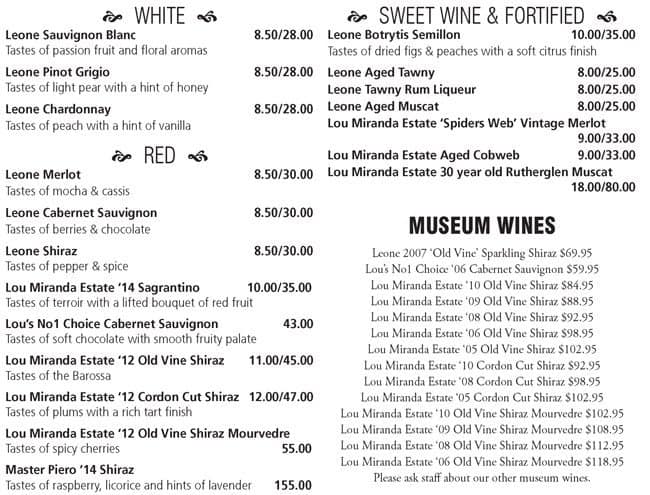 Menu at Lou Miranda Estate restaurant, Rowland Flat