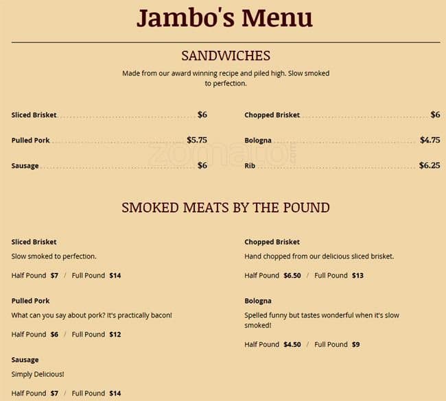 Menu at Jambo's Original BBQ Shack, Burleson, FM1187