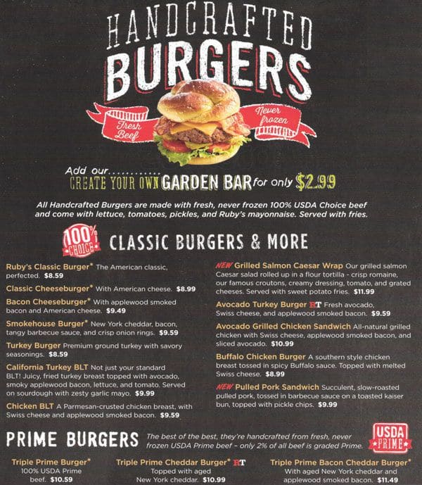 Menu at Ruby Tuesday restaurant, Charlotte, Red Oak Blvd