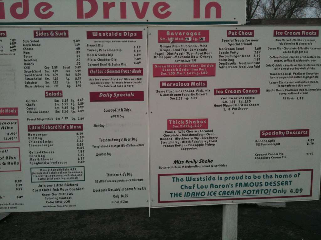 Menu at Westside Drive-In fast food, Boise, 1929 W State St