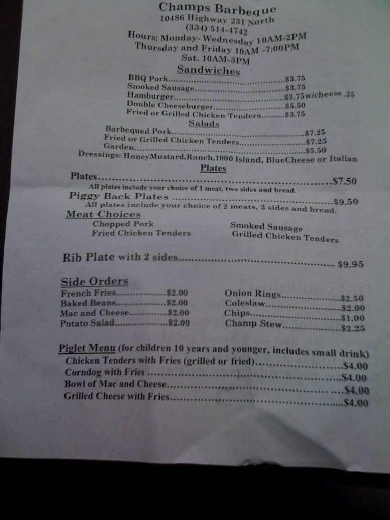 Menu at Champs Barbeque, Wetumpka